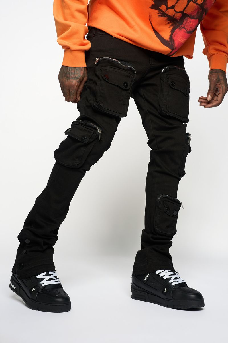 JOURNEY TO GREATNESS" CARGO FLARE STACK DENIM (JET BLACK) – P H E E L I ...