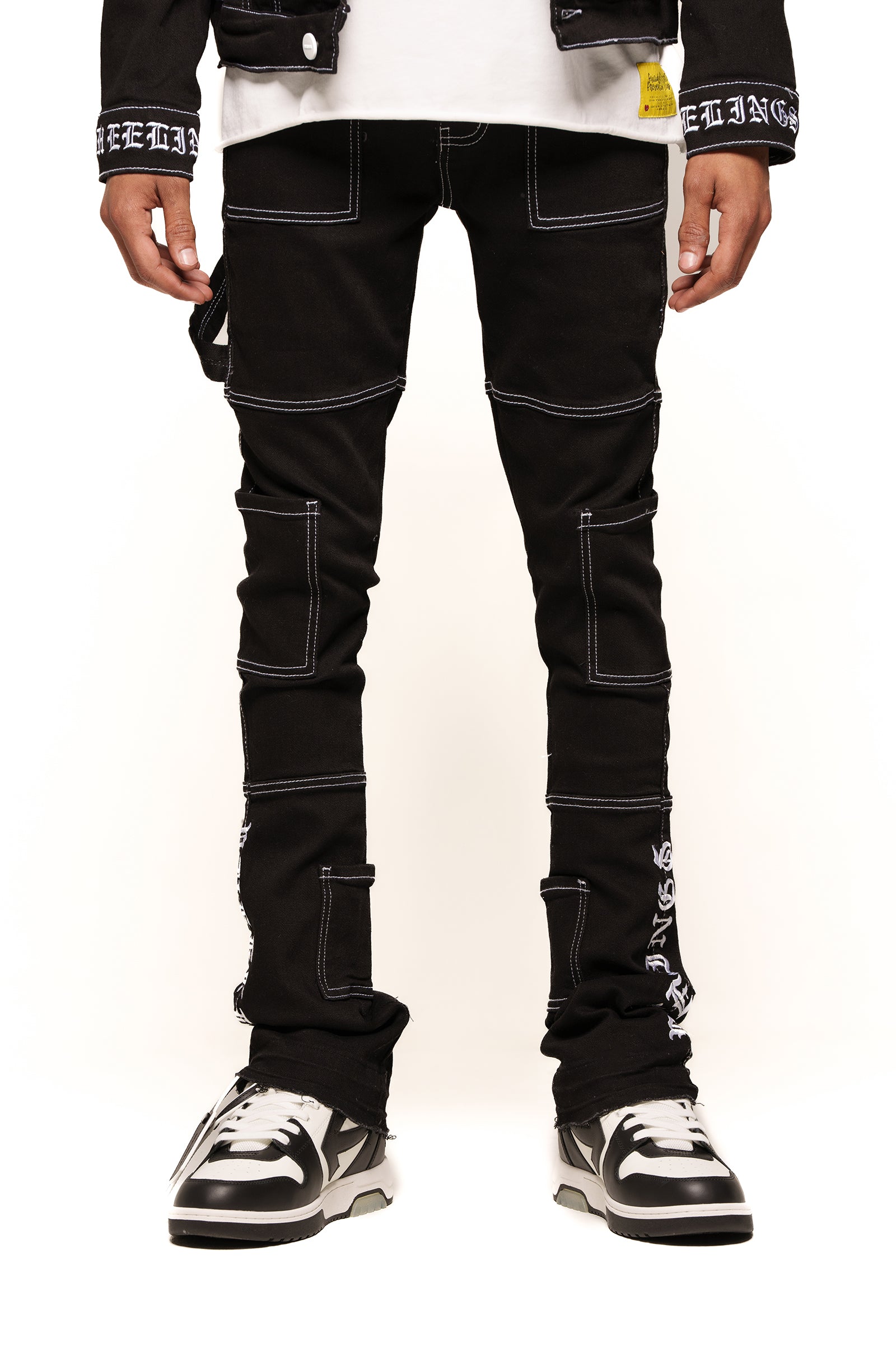 "DEFYING ODDS" BLACK WHITE CARGO FLARE STACK DENIM (JET BLACK/WHITE ...