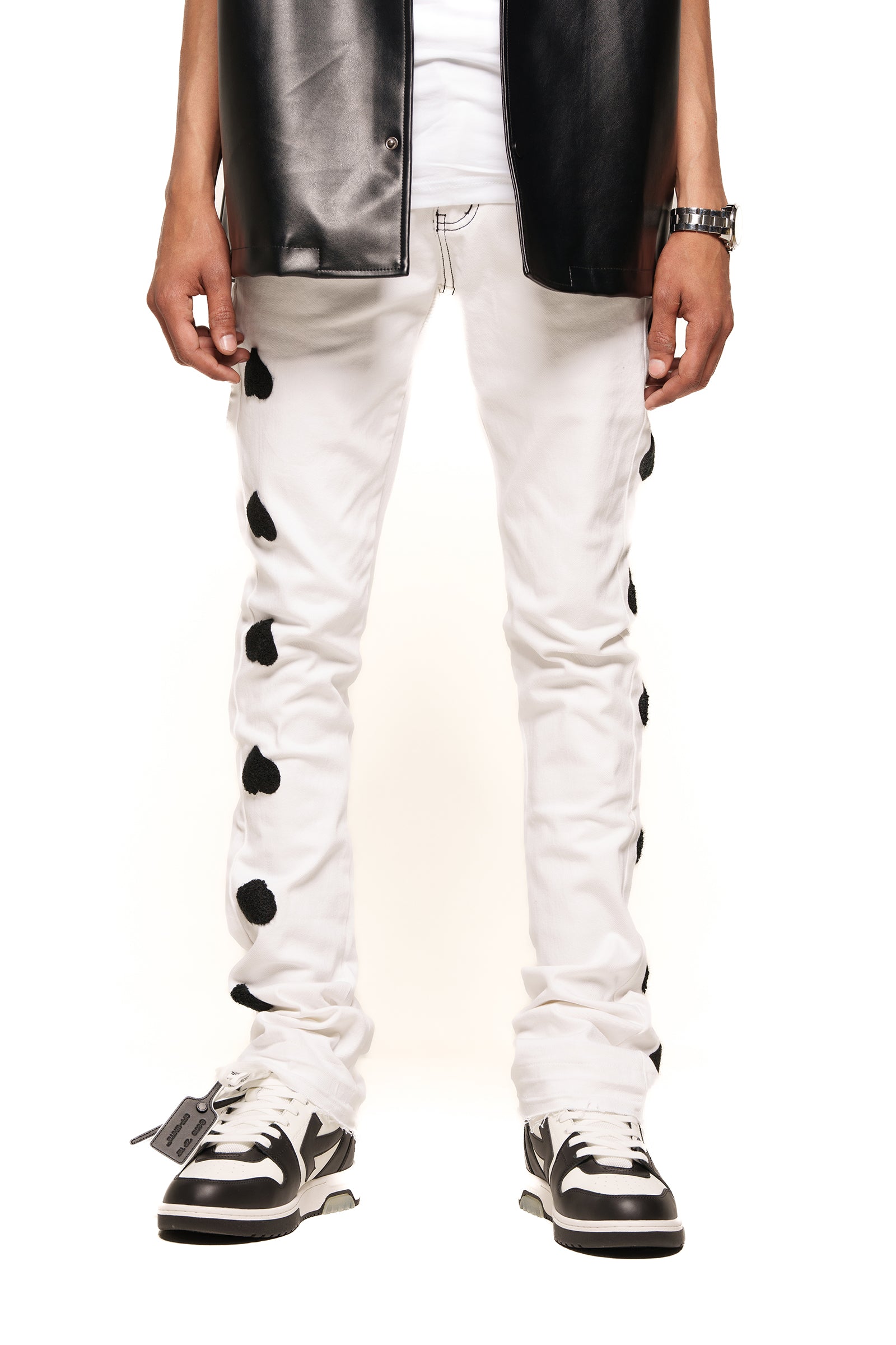 HEARTBEAT OF SUCCESS" FLARE STACK DENIM (WHITE/BLACK) – P H E E L I N G S
