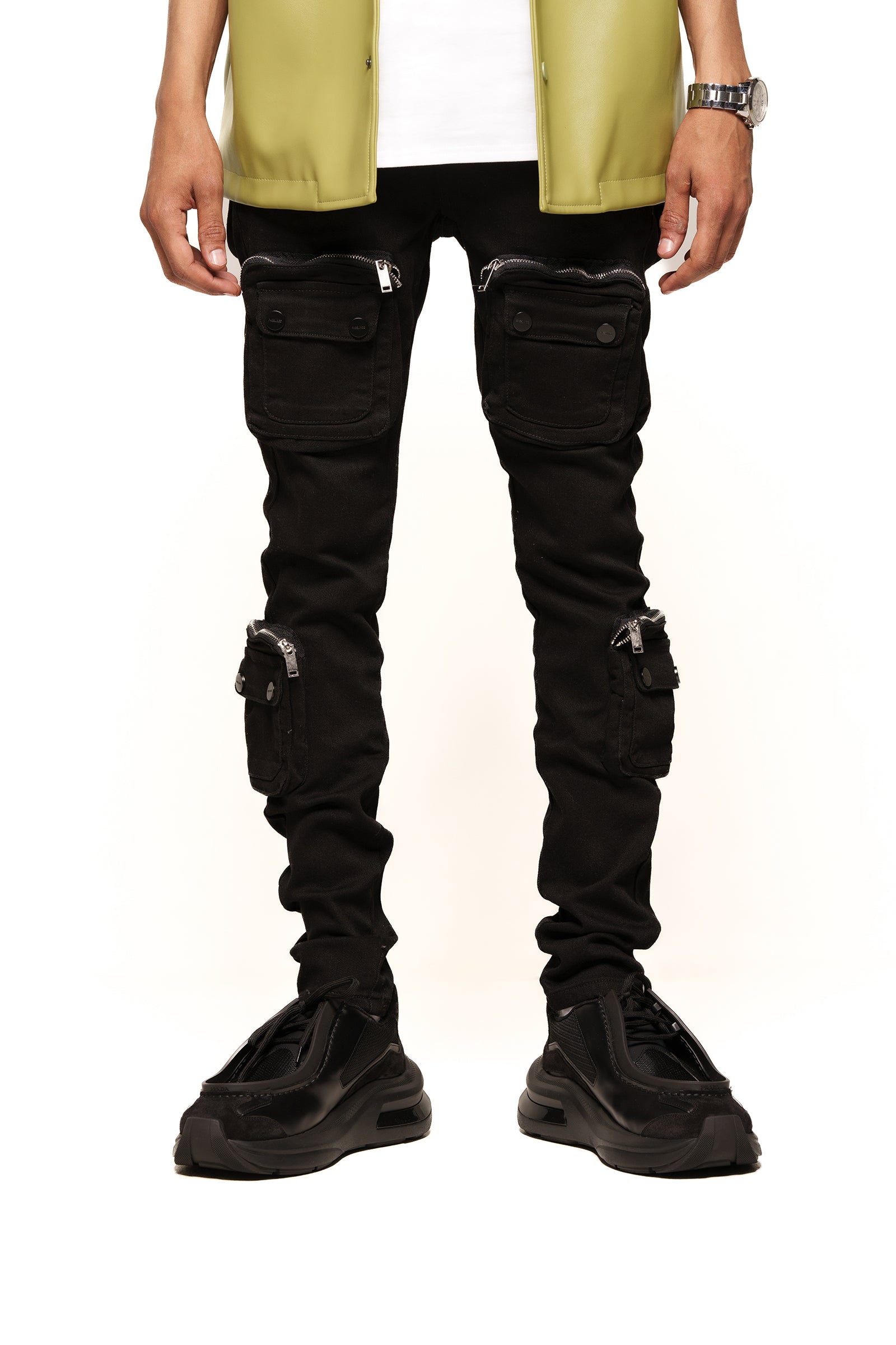 "TIME DON'T WAIT" CARGO SKINNY DENIM (JET BLACK) – P H E E L I N G S