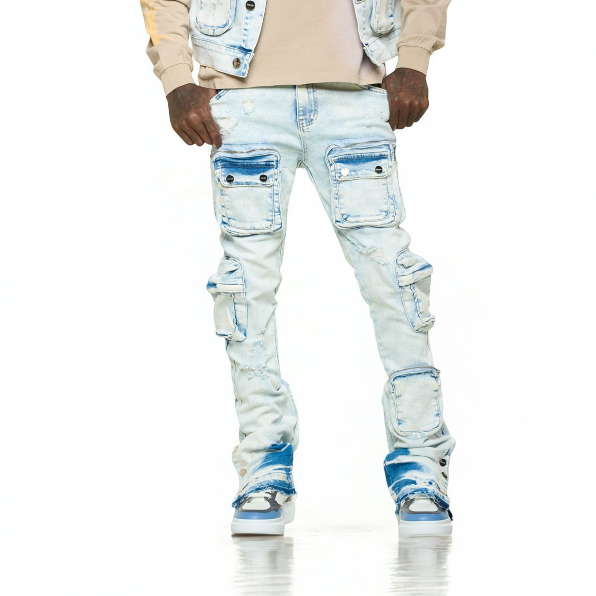 "JOURNEY TO GREATNESS" CARGO FLARE STACK DENIM (LIGHT BLUE) – P H E E L ...